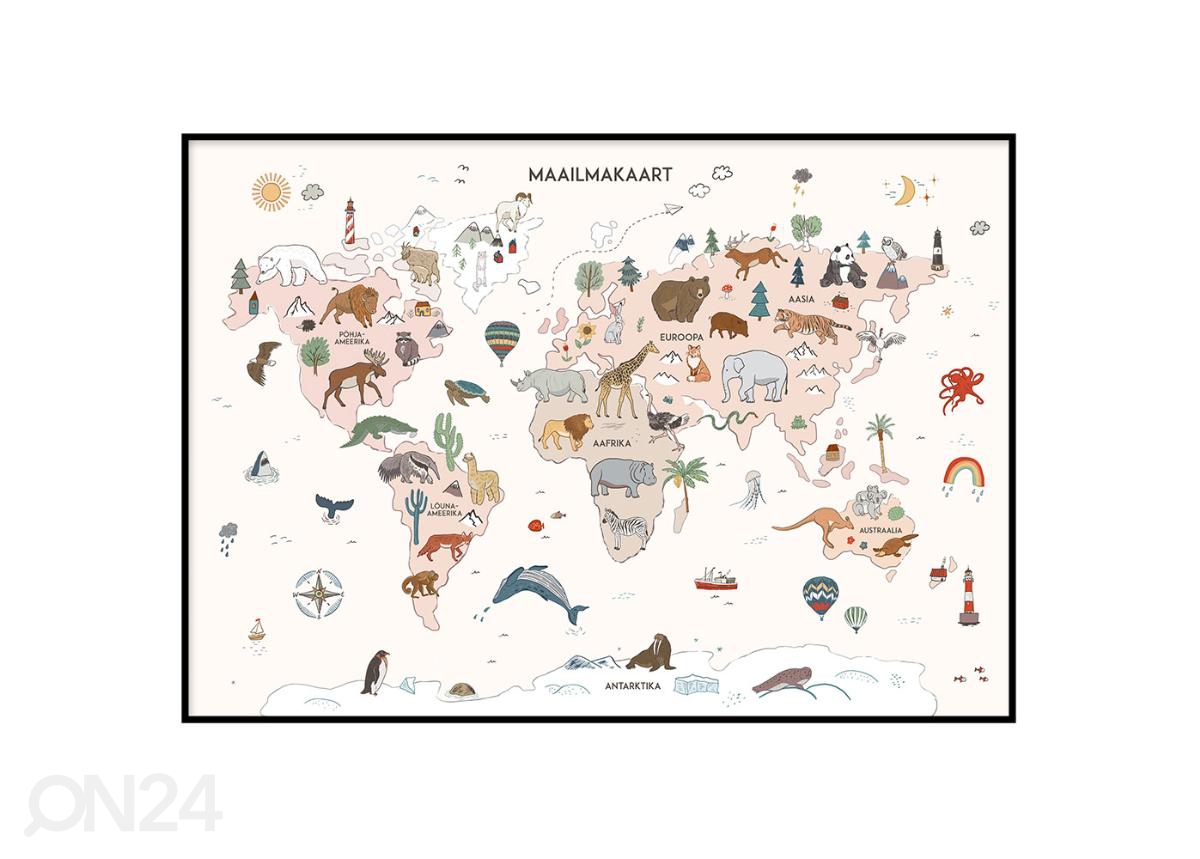 Seinäjuliste Maailmankartta 21x30 cm valkoisella pohjalla WA-490612 ...